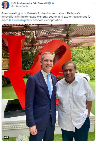 US Ambassador Eric Garcetti meets Mukesh Ambani, discusses Reliance's ...