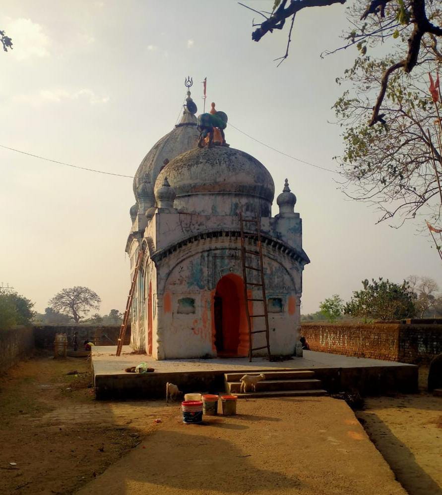 The crowd of devotees thronging the ancient Shiva temple pavilion, the ...