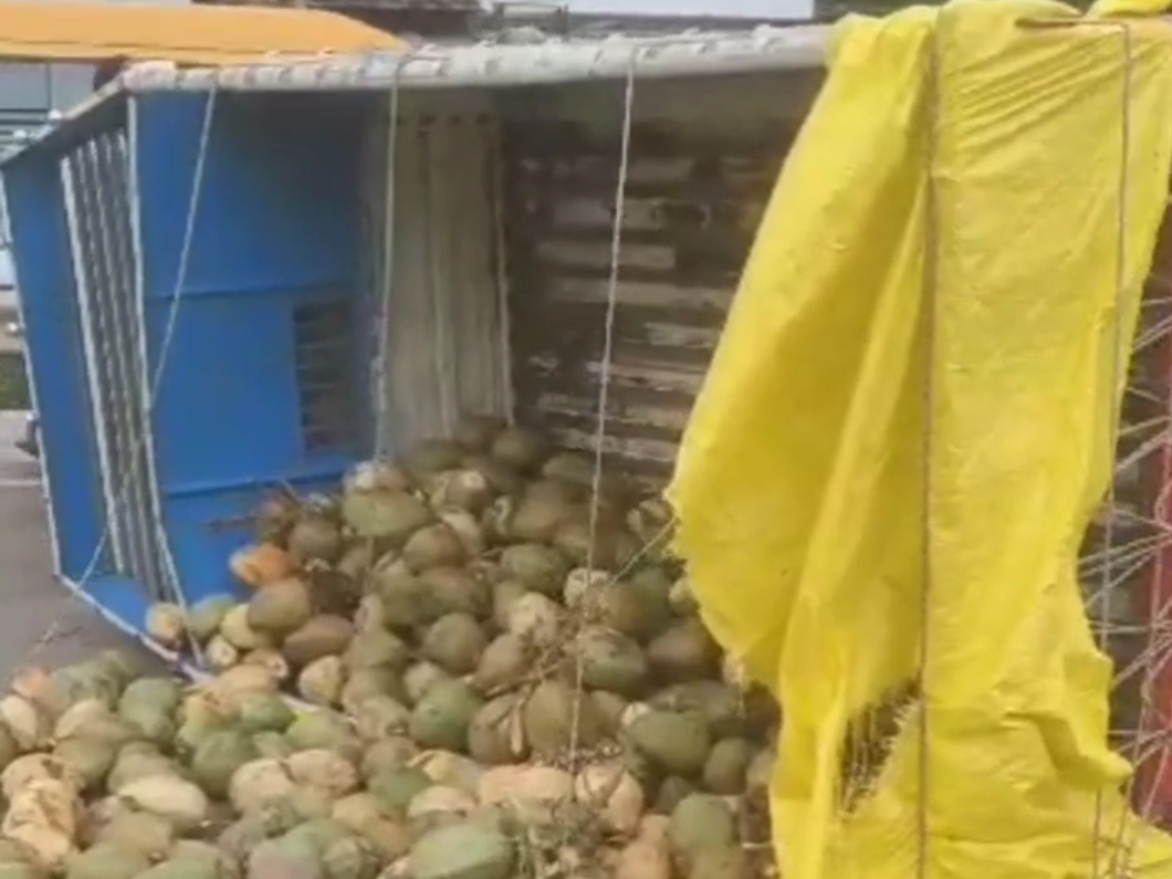Car overturned after an accident in Prayagraj, coconuts scattered on ...
