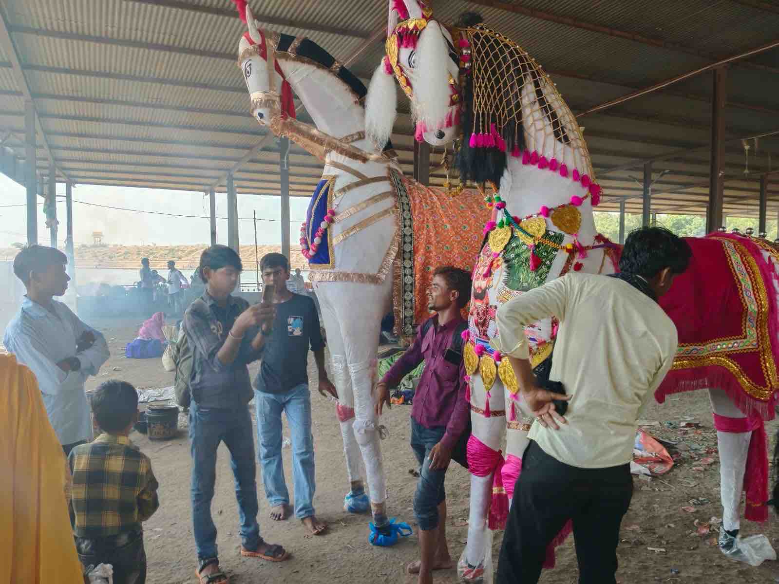 Devotees are bringing 10 feet high cloth horses | 10 फीट ऊंचे कपड़े के ...
