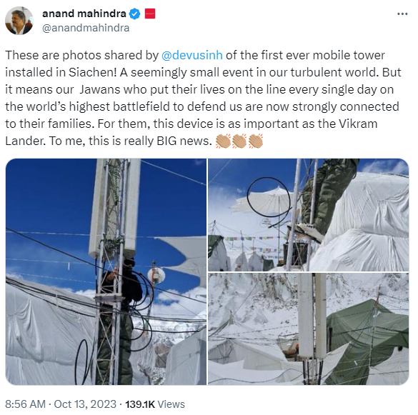 The first mobile tower was installed in Siachen at a height of 15,500 feet