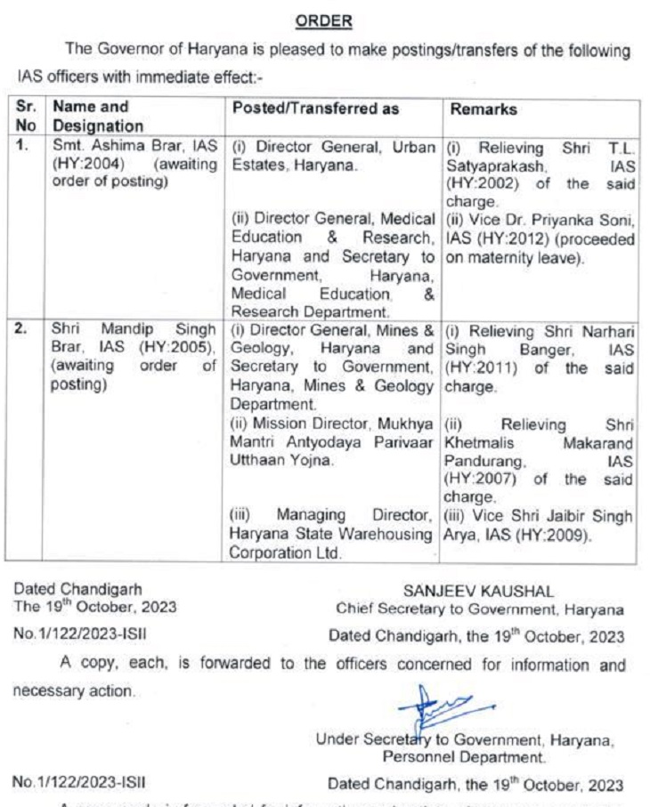 Haryana IAS Mandeep Singh Brar Ashima Brar Transfer Order | हरियाणा में ...