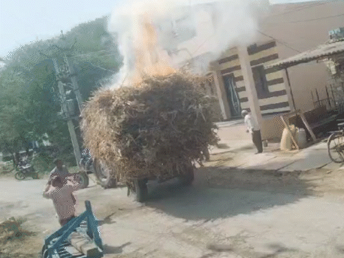 Trolley caught fire after touching electrical wires