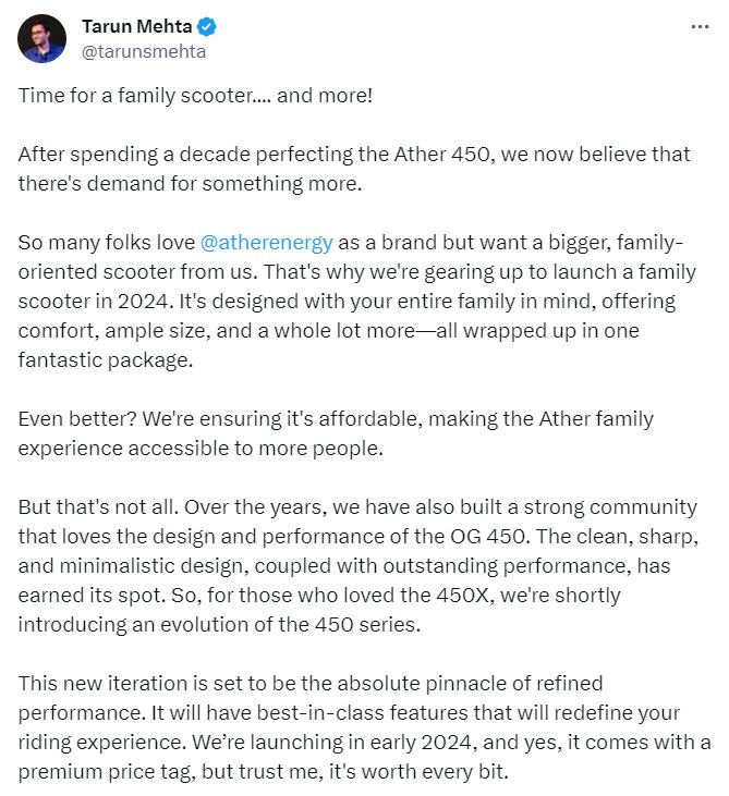 Ather CEO Tarun Mehta confirms new family electric scooter launch in ...