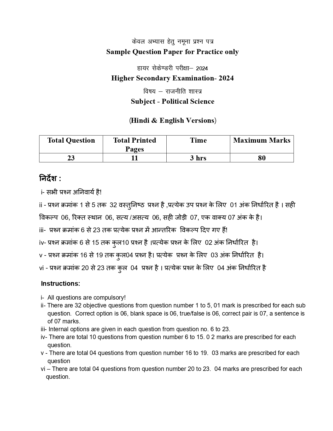 MP Board 12th Sample Paper MP Board 12th Sample Papers 2024; Political ...