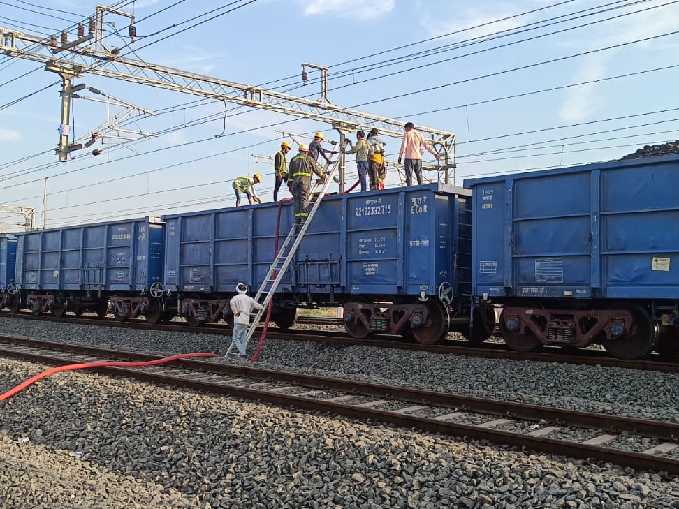 Fire breaks out in a freight train loaded with coal