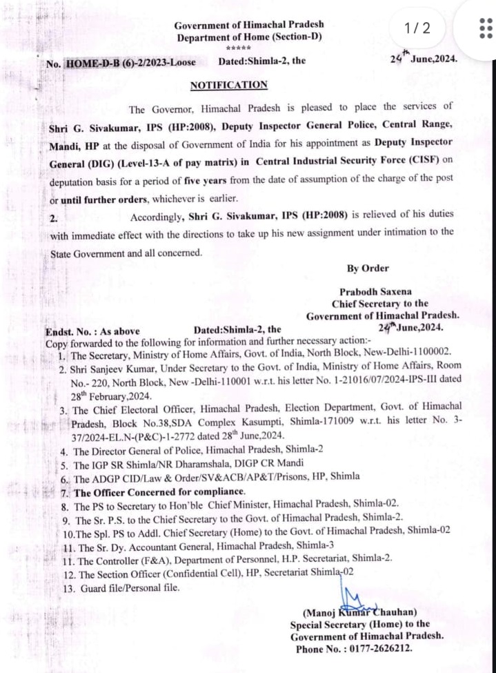 Himachal IPS G Shivakumar posted as DIG CISF Soumya Sambasivam DIG Mandi