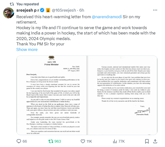 PM Narendra Modi Letter; India Hockey Goalkeeper PR Sreejesh | Olympic ...