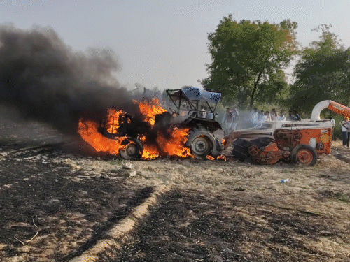A huge fire broke out due to tractor engine explosion