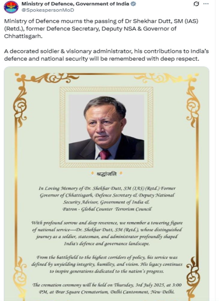 Former Chhattisgarh Governor Shekhar Dutt passes away