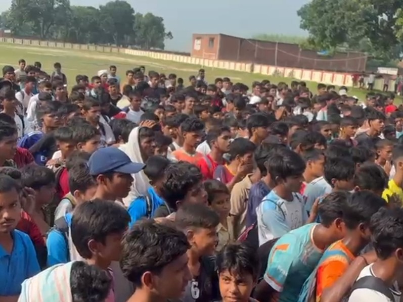 Football trials at Mircha Rural Mini Stadium in Dildarnagar