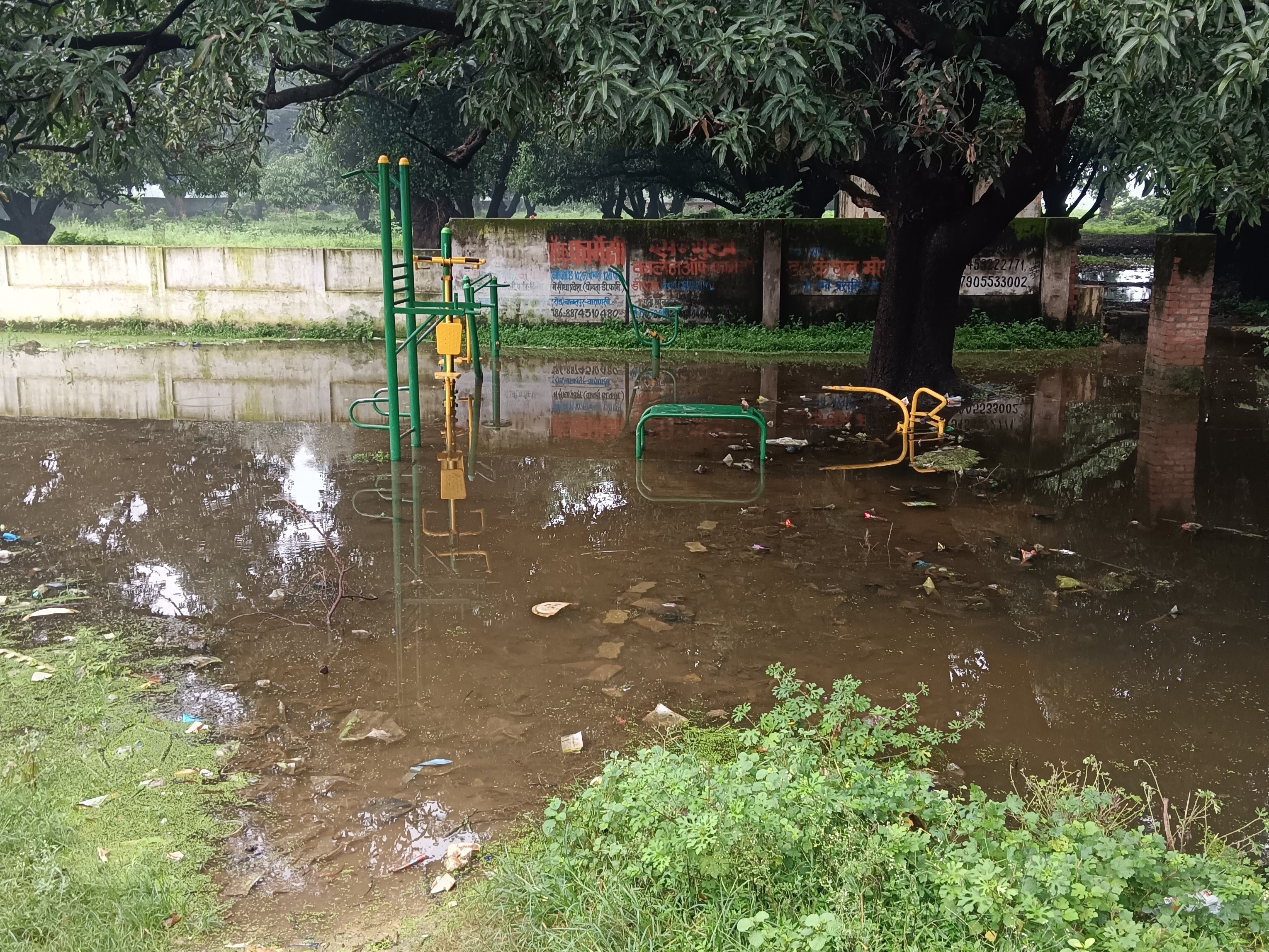 Waterlogging in the open gym of Balua Sarai in Chahania