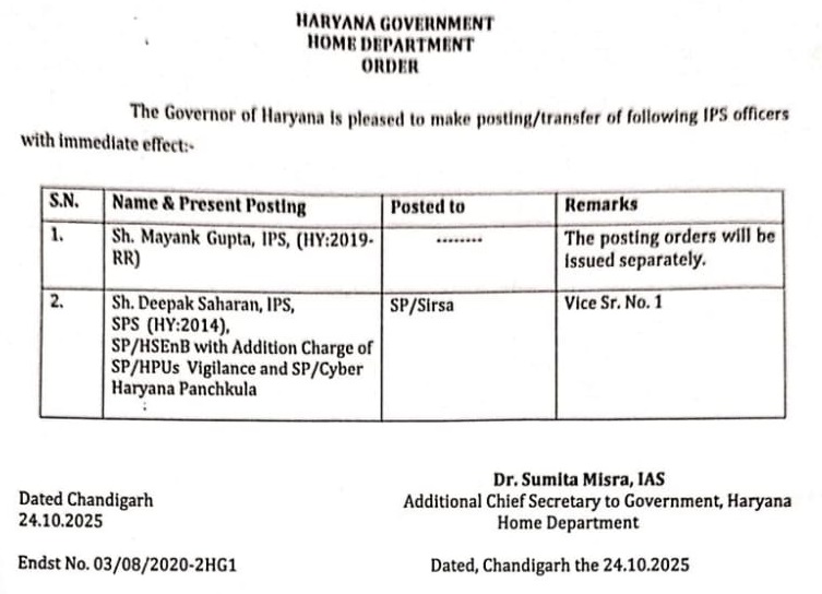 Haryana IPS Transfer List IPS Deepak Saharan Mayank Gupta | हरियाणा में ...