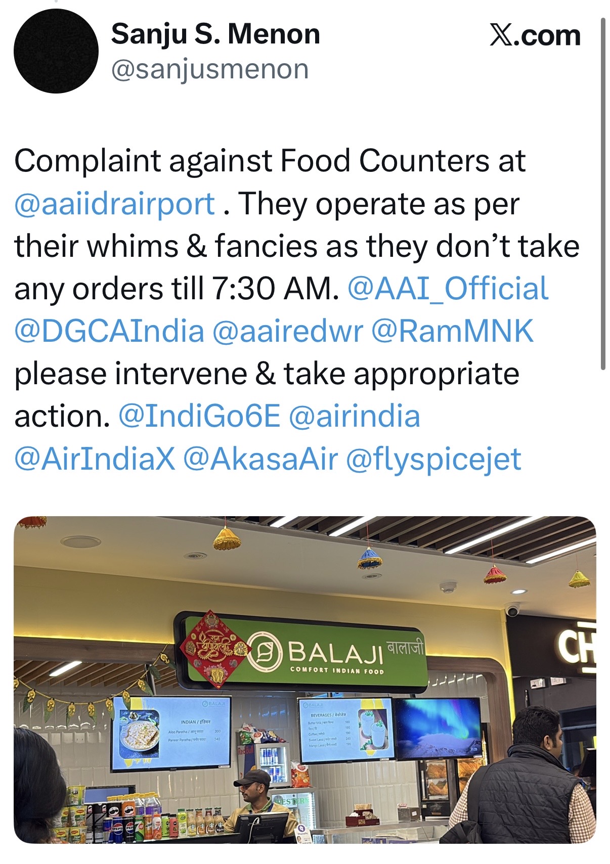 Airport food counters are not serving food and drinks on time.