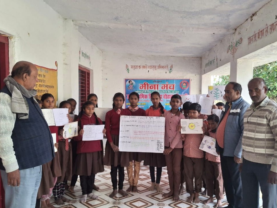 Helpline numbers were shared with children at the Meena Manch programme.