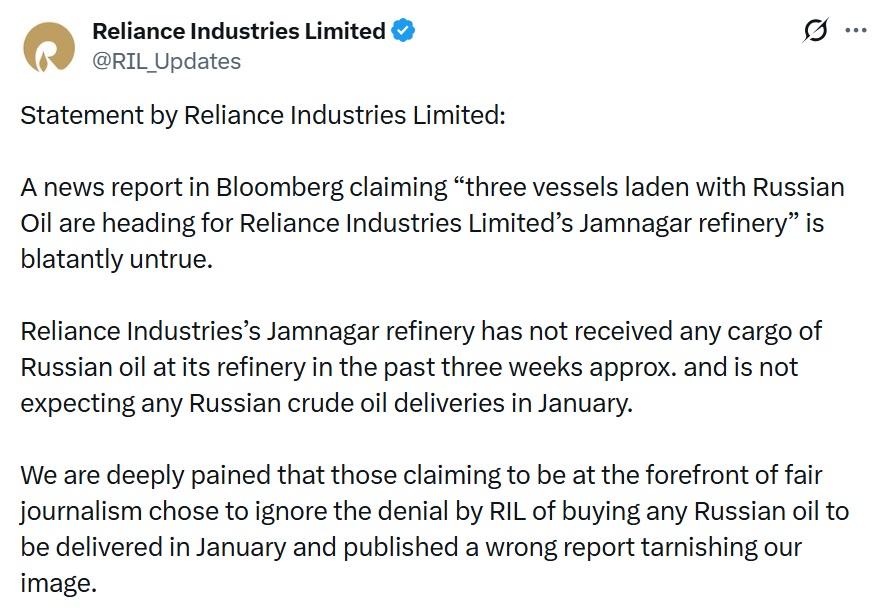 Reliance Industries denies reports of Russian oil shipment to Jamnagar ...