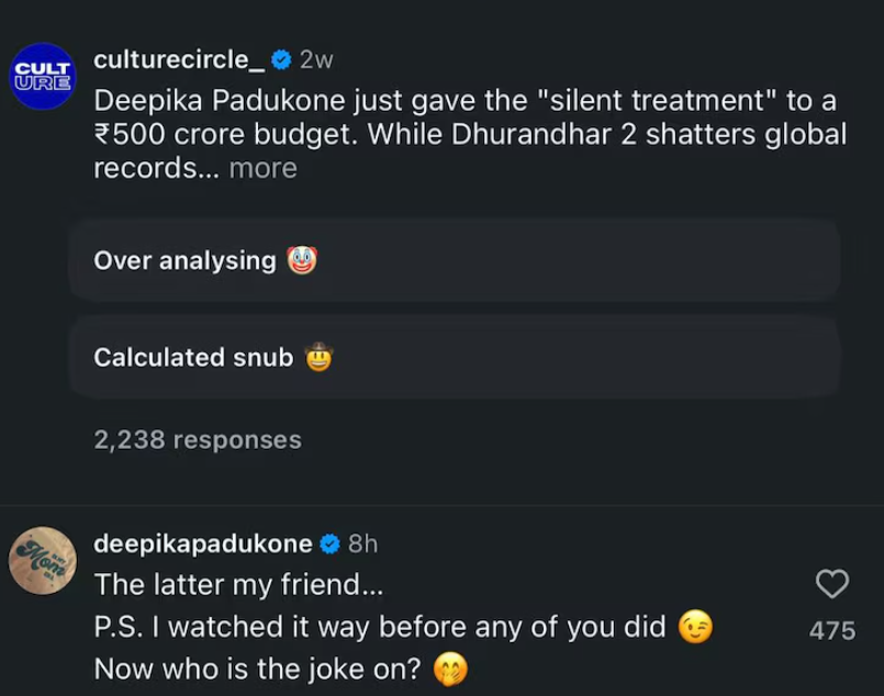 Deepika Padukone Trolled for Dhurandhar-2; Funny Reply Given