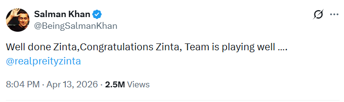 Salman Khan Praises Preity Zintas Punjab Kings IPL 2026 Performance