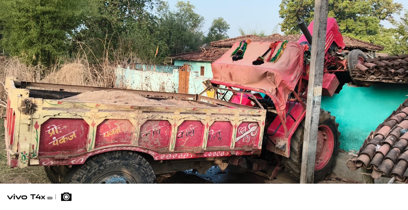 A speeding tractor ran over the roof of a house, damaging two rooms.