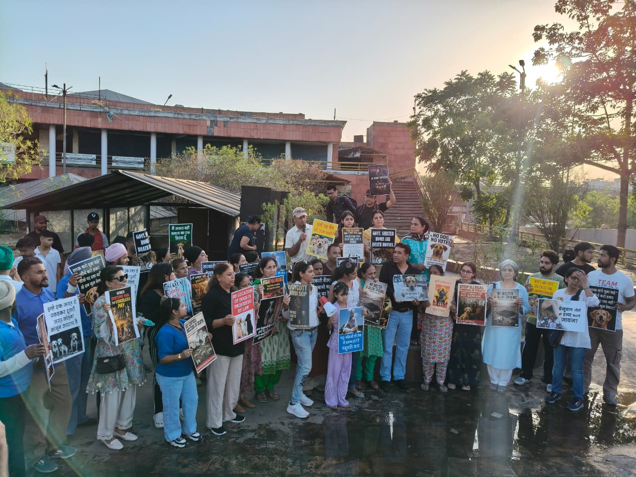 Dog lovers protested against the killing of street dogs at Bhandari Bridge.