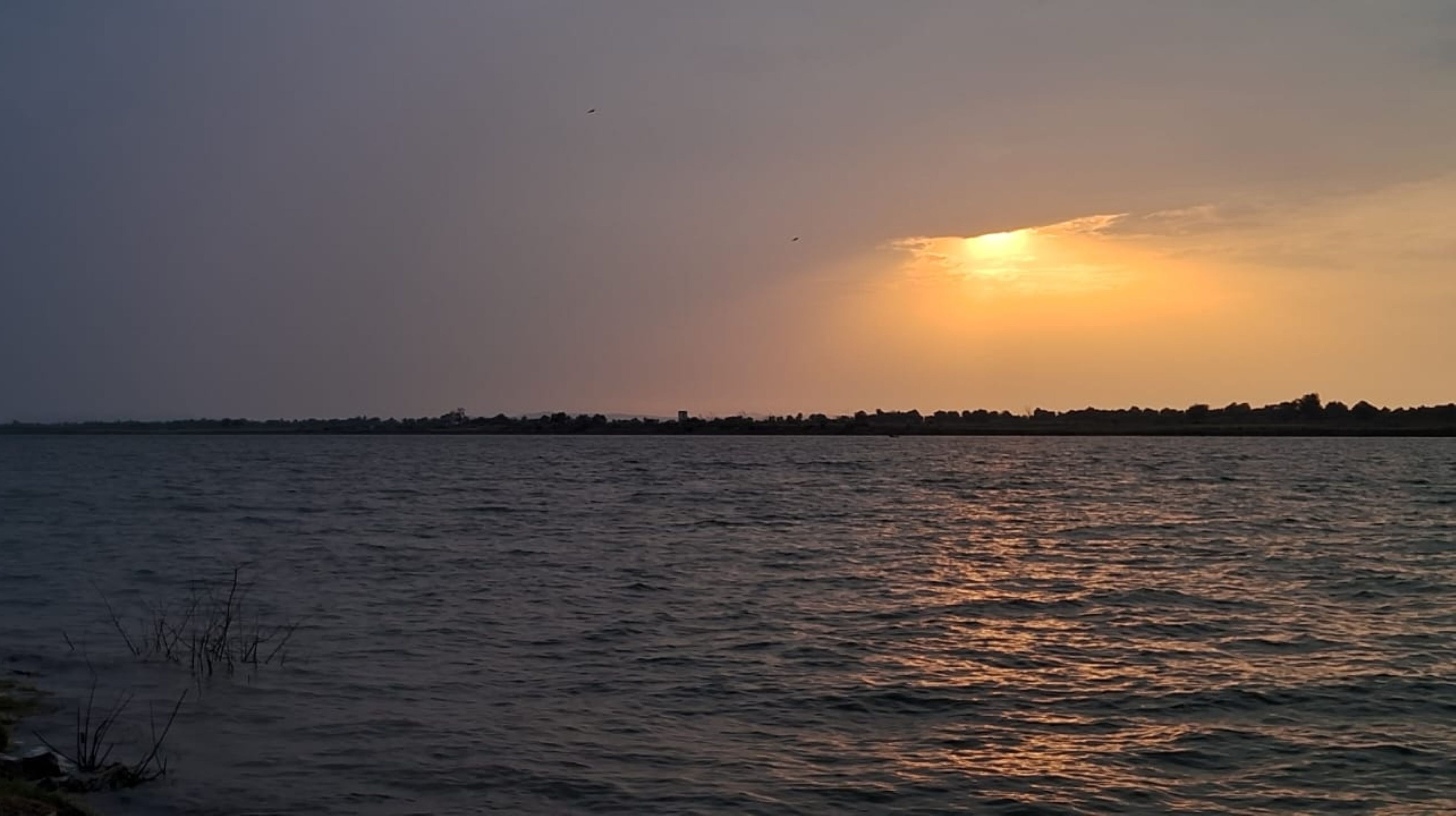 The Narmada riverbank bathed in the last rays of the sun, a golden ...