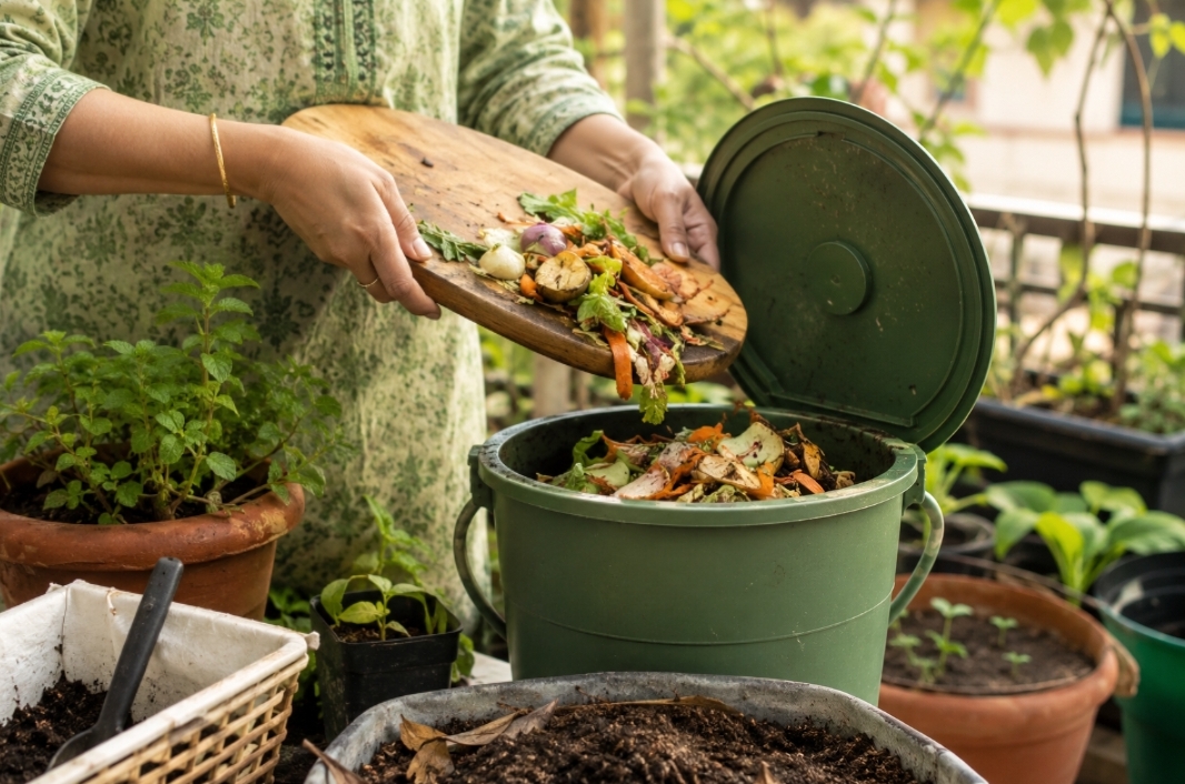Women saving the environment by making compost from kitchen waste