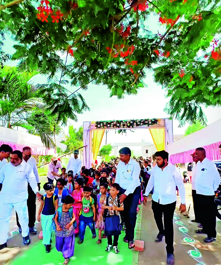 Children enter the house of the school by applying Aukshan and Bhali ...