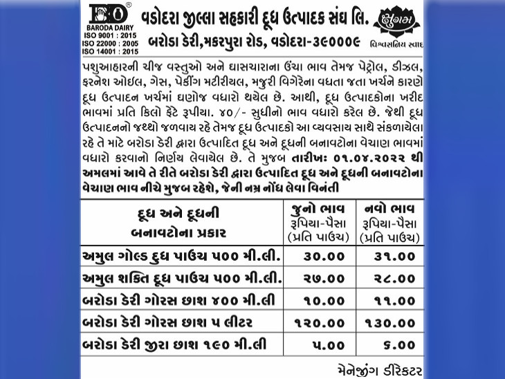 baroda dairy increase price of milk and butter milk