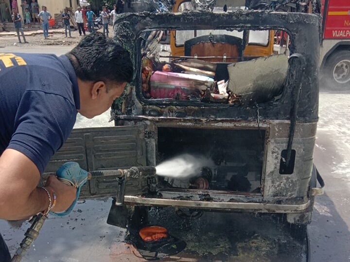 A rickshaw caught fire near a petrol pump on Dandi Road in Navsari ...