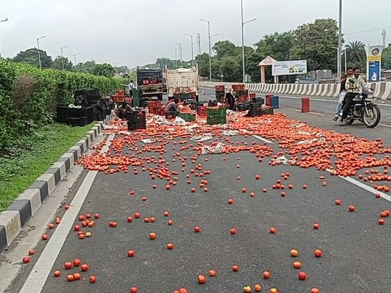 A vehicle loaded with tomatoes overturned on Dabhan Bridge in Nadiad ...