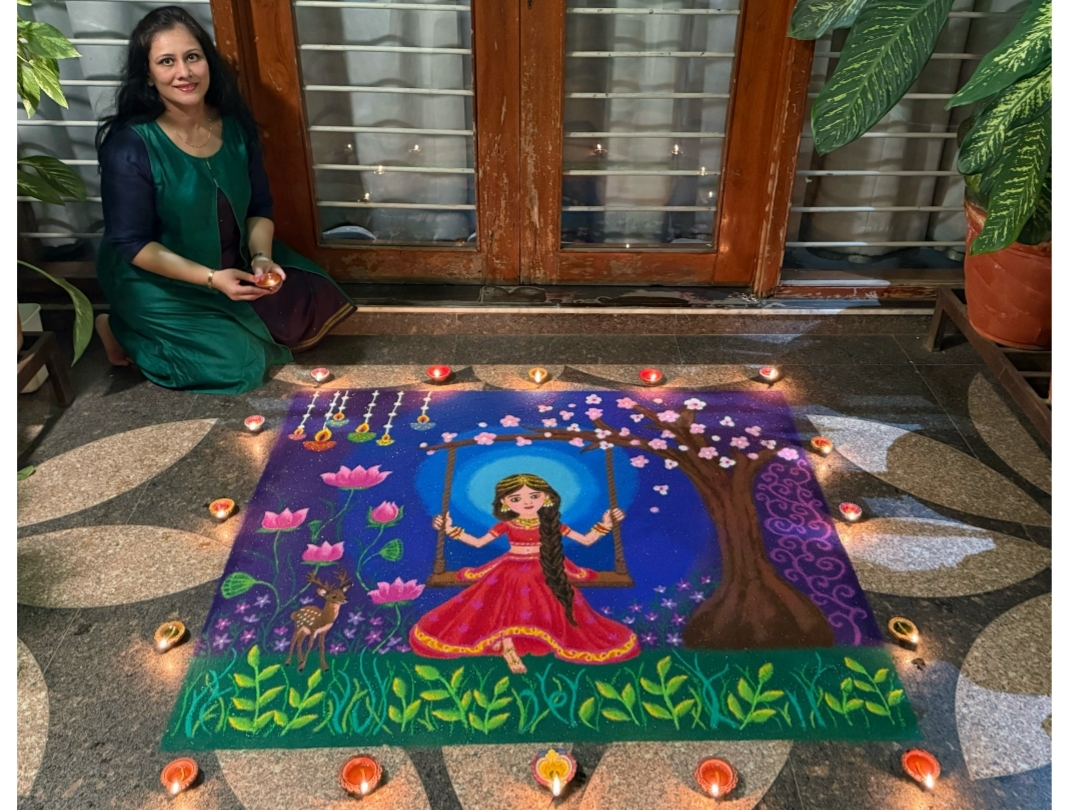 A stunning rangoli of a girl swinging on a tree branch | દિવાળી ...