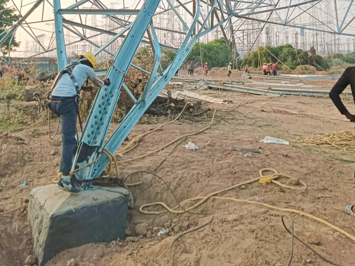 Worker's leg cut when power tower collapsed due to weak pillar near ...