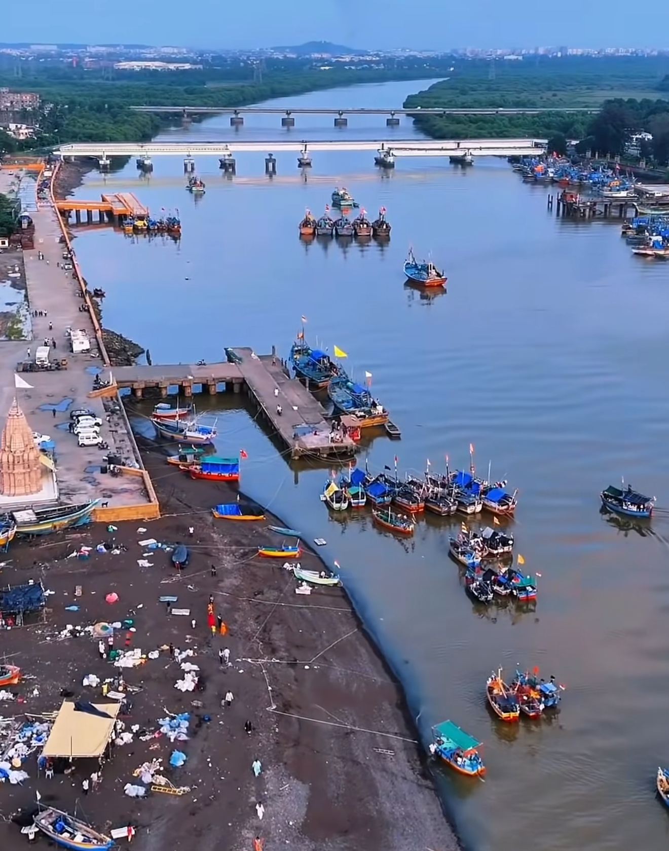 Amazing view of fishing boats moored together on the jetty on the Daman ...