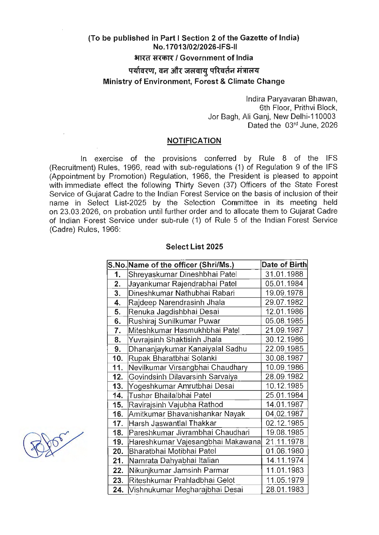 Gujarat Forest Dept Major Reshuffle | 37 SFS Officers Promoted IFS