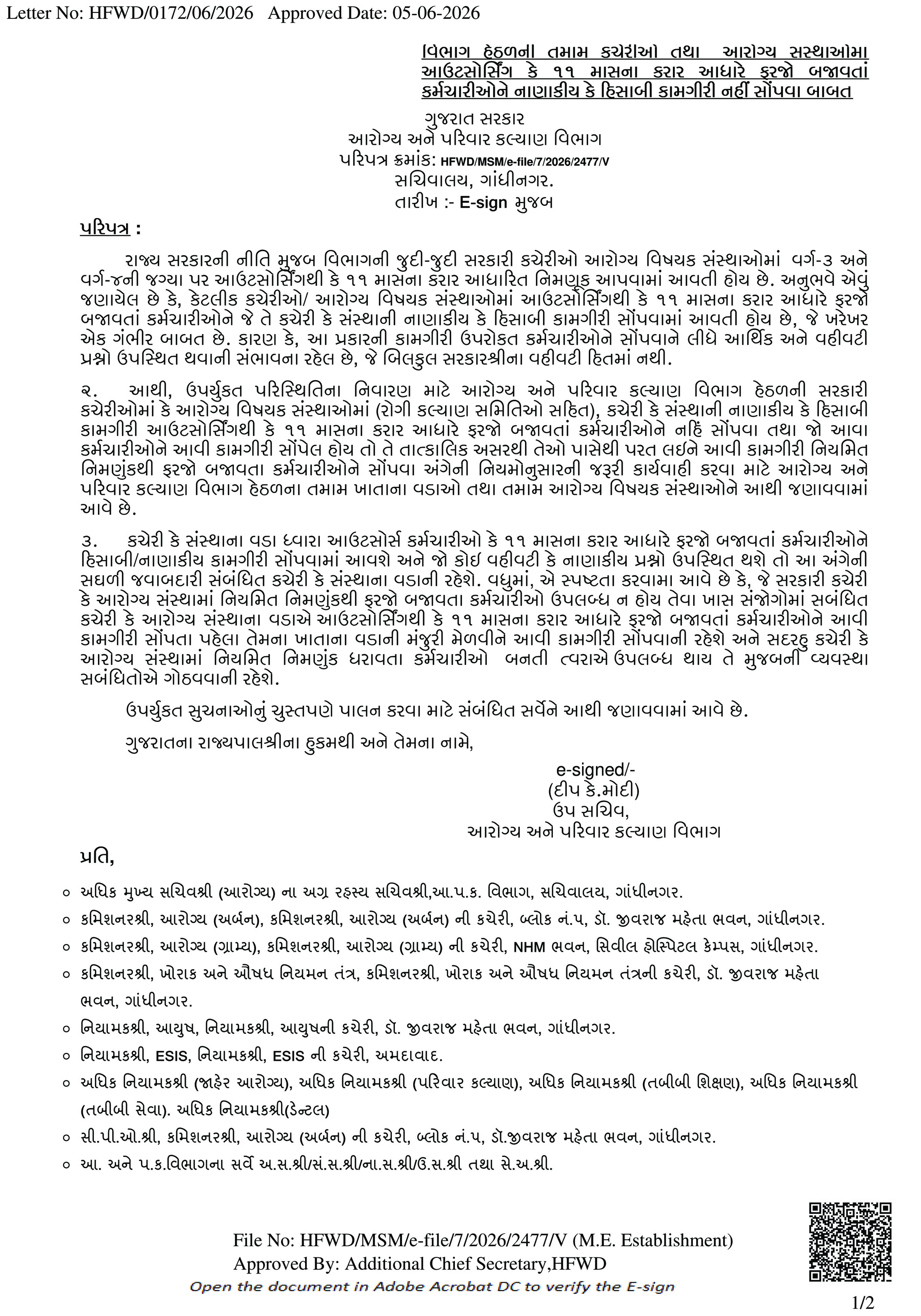 The Health Department issued a circular prohibiting