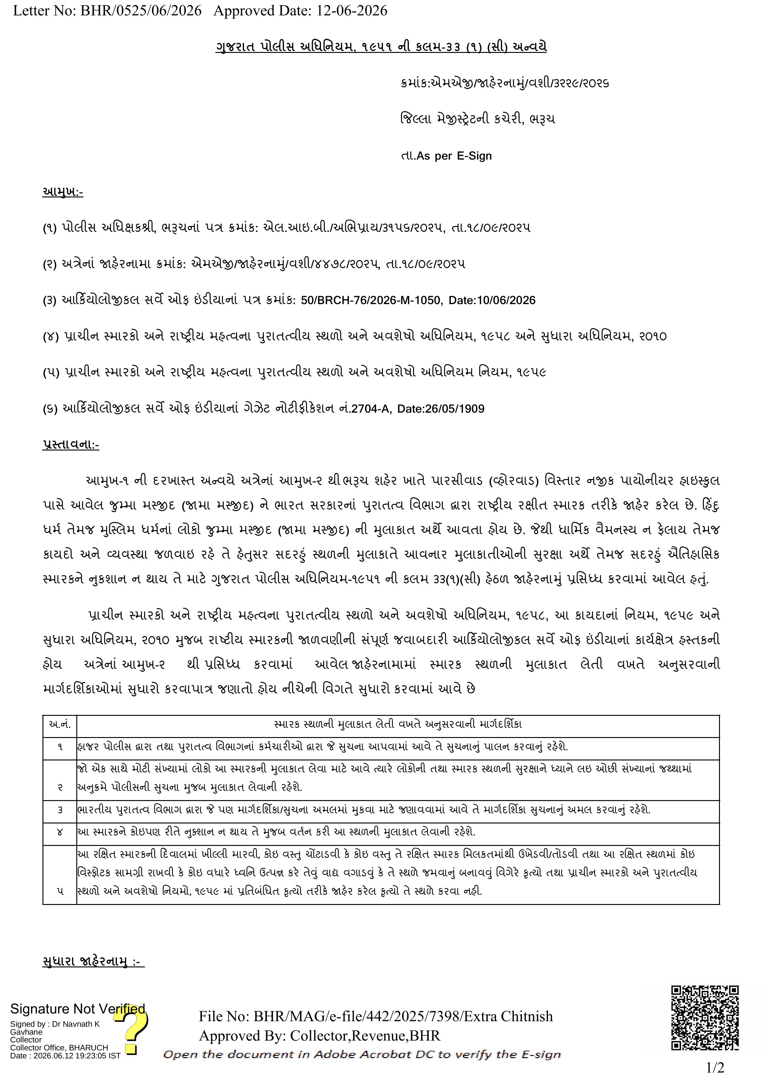 Bharuch Jumma Masjid Controversy: Collector Issues New Visitor Guidelines